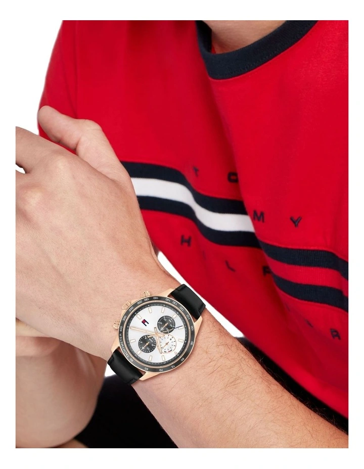 Tommy Hilfiger Miles Leather Qtz Multifunction 1792016 Watch in Black ...