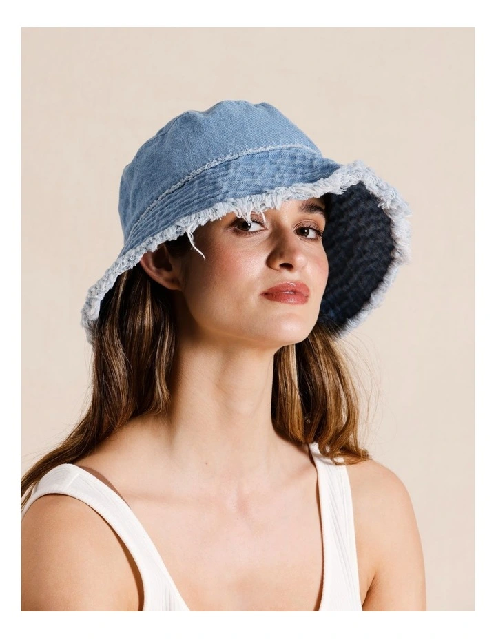 Piper Frayed Edge Bucket Hat in Denim | MYER