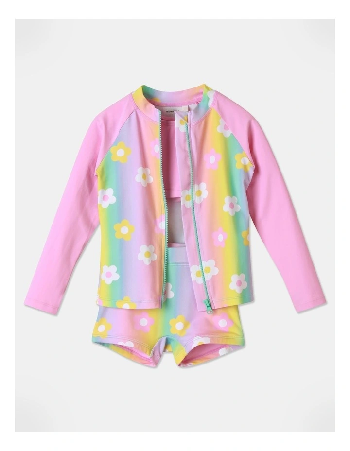 Milkshake Rainbow Stripe Daisy Rashie Crop Top & Bikini Bottom Set in ...