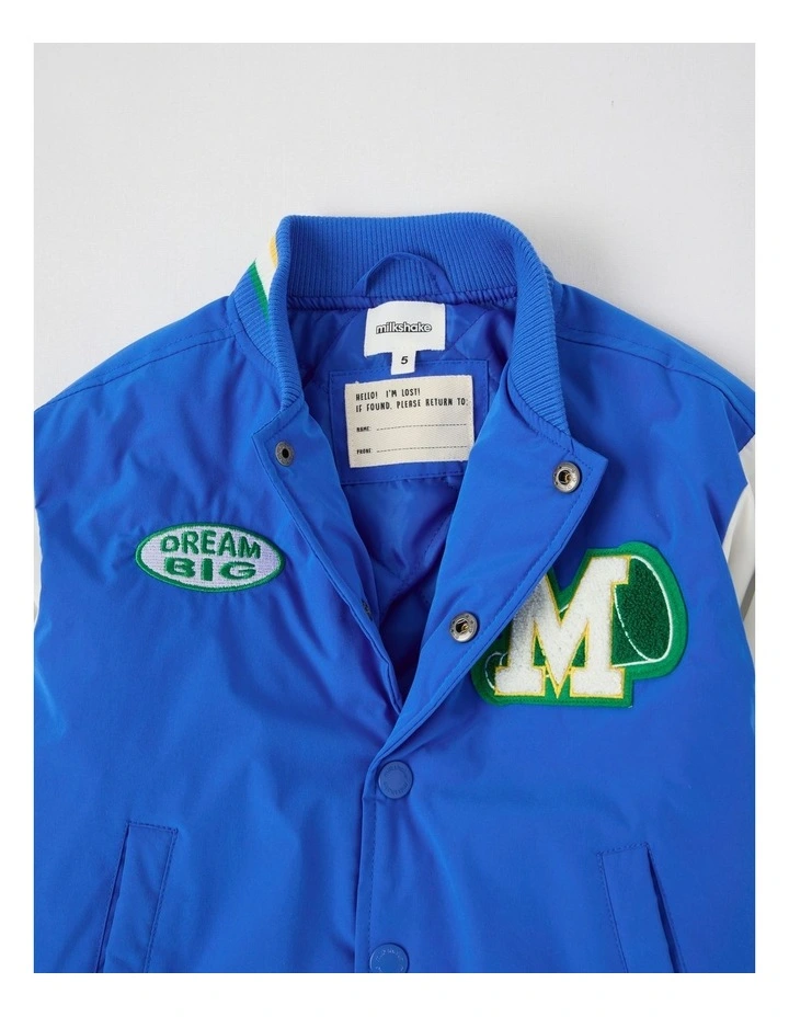Milkshake Varsity Bomber Jacket in Blue & Ecru | MYER