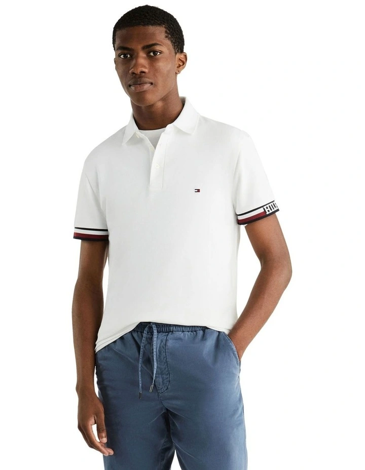 Tommy Hilfiger Monotype Flag Cuff Slim Fit Polo in White | MYER