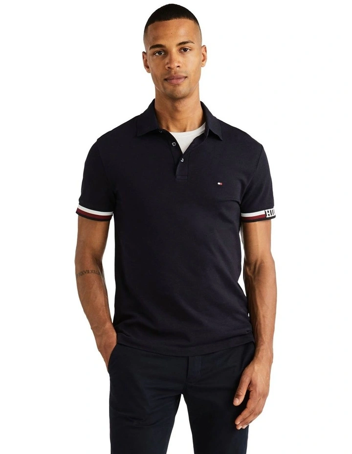 Tommy Hilfiger Monotype Flag Cuff Slim Fit Polo Shirt in Navy | MYER