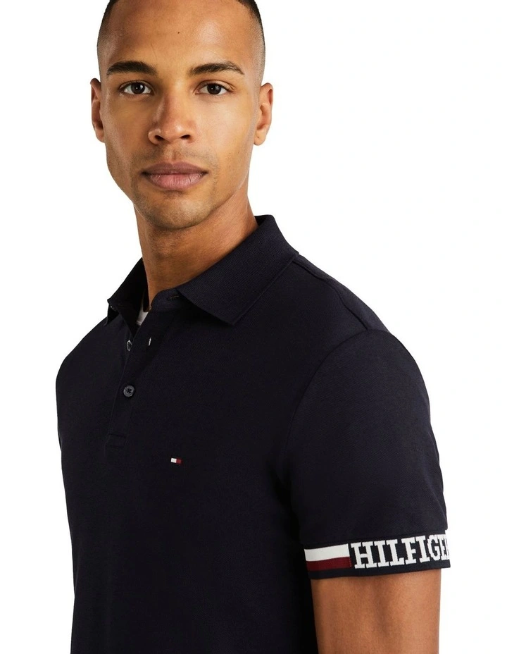 Tommy Hilfiger Monotype Flag Cuff Slim Fit Polo Shirt in Navy | MYER