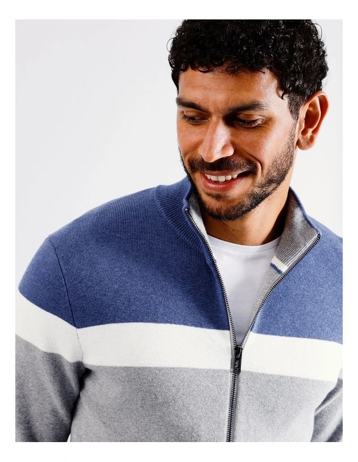 Blaq Simon Block Stripe Knit Zip Through in Blue | MYER