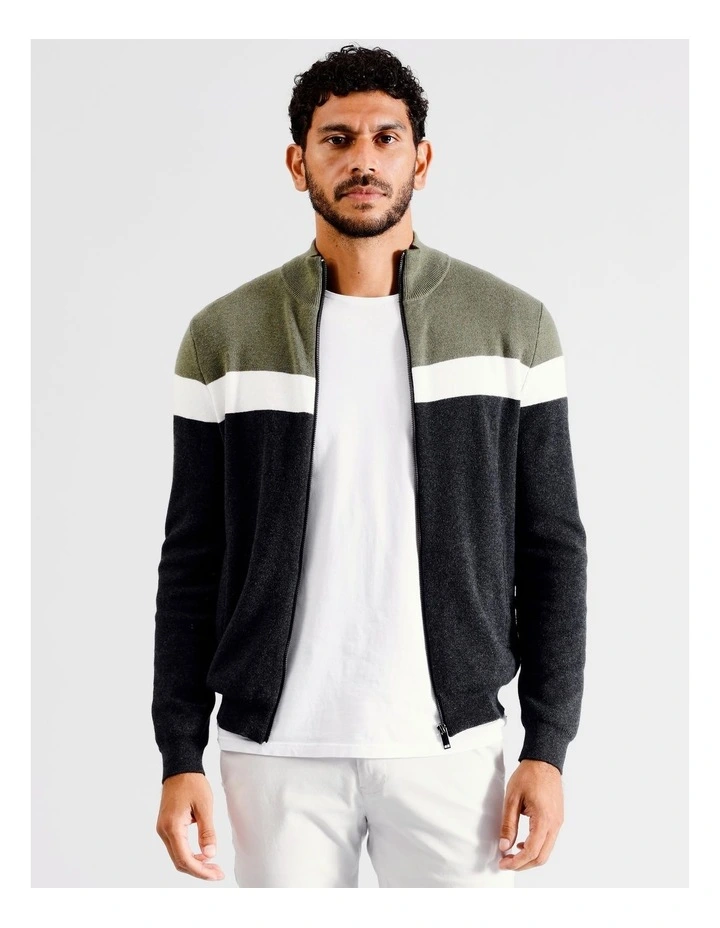 Blaq Simon Block Stripe Knit Zip Through in Khaki | MYER