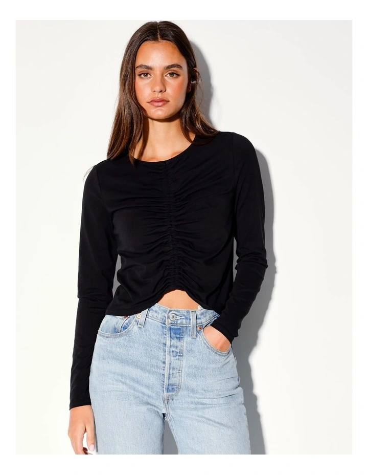 Miss Shop Organic Blend Ruched Front Long Sleeve Top In Black Myer