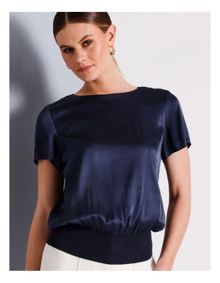 Basque Satin Elastic Waist Tee in Indigo | MYER