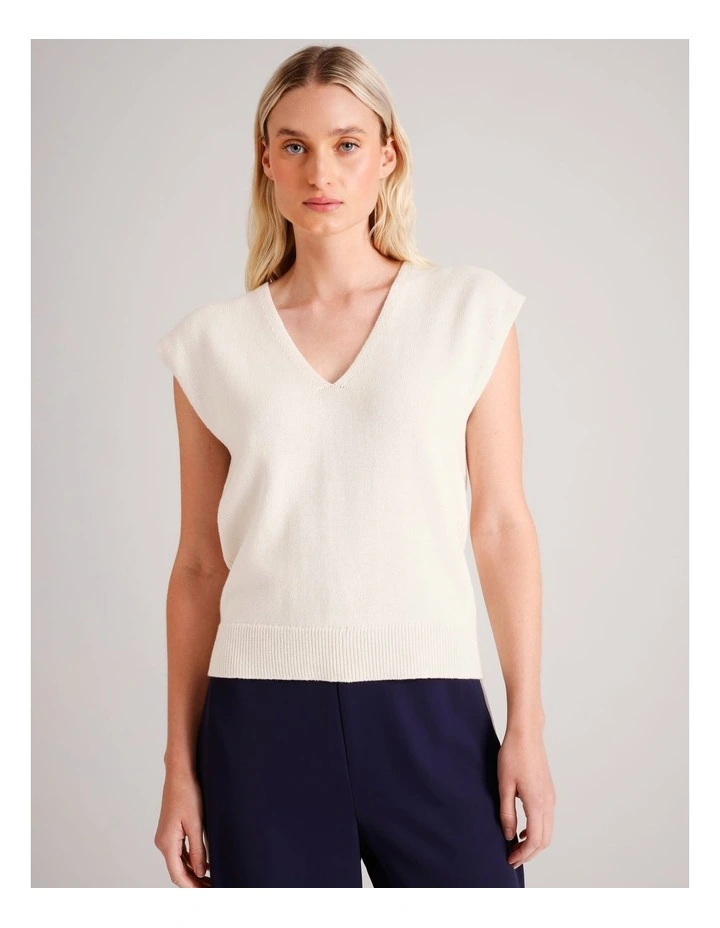 Basque Organic Cotton Blend V-Neck Knit in Ivory | MYER