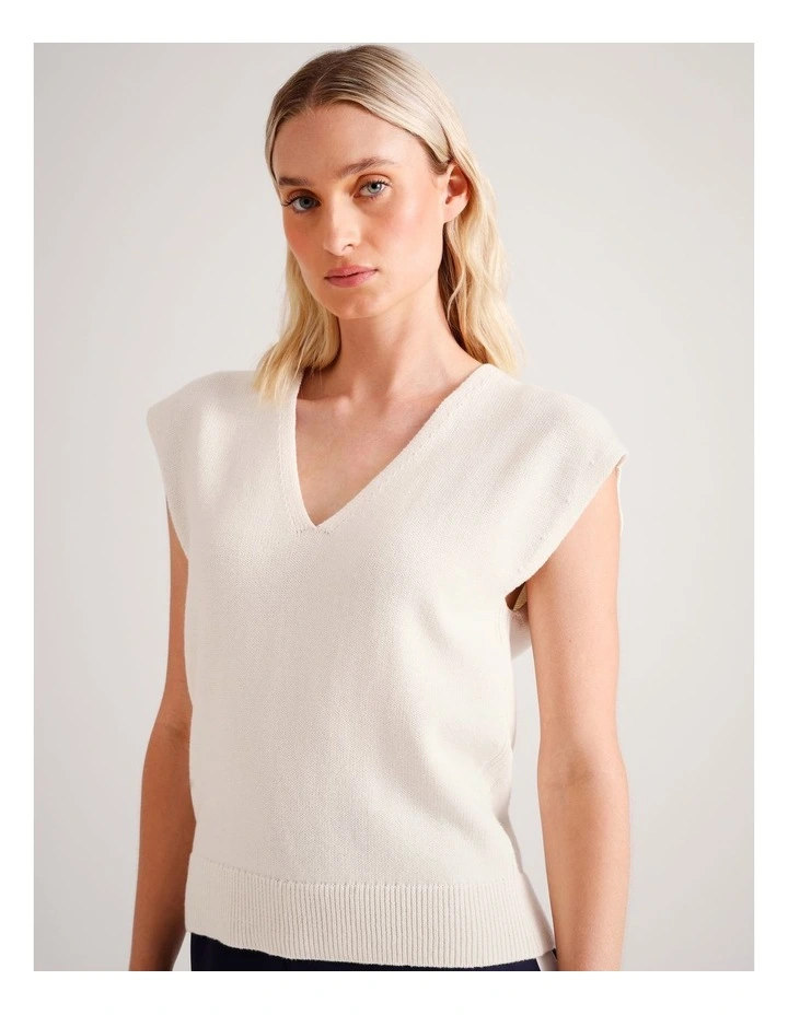 Basque Organic Cotton Blend V-Neck Knit in Ivory | MYER