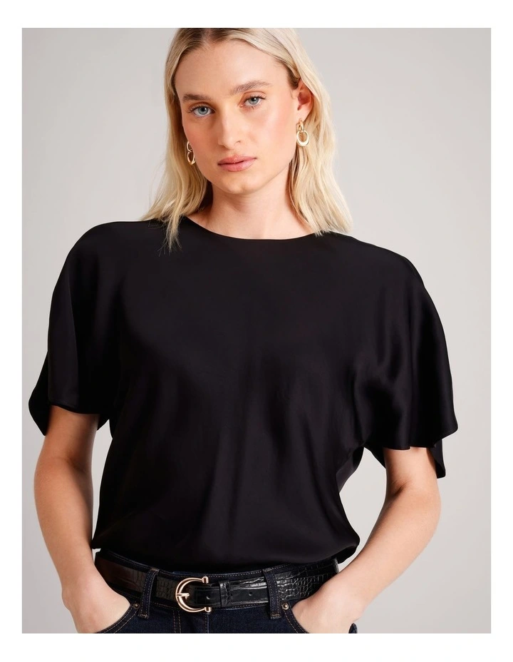 Basque Sustainable Viscose Blend Split Sleeve Satin Blouse in Black | MYER
