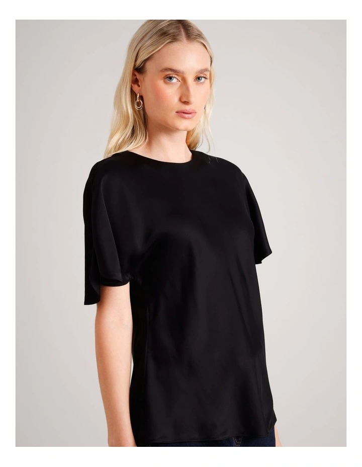 Basque Sustainable Viscose Blend Split Sleeve Satin Blouse in Black | MYER