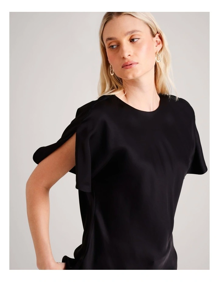 Basque Sustainable Viscose Blend Split Sleeve Satin Blouse in Black | MYER