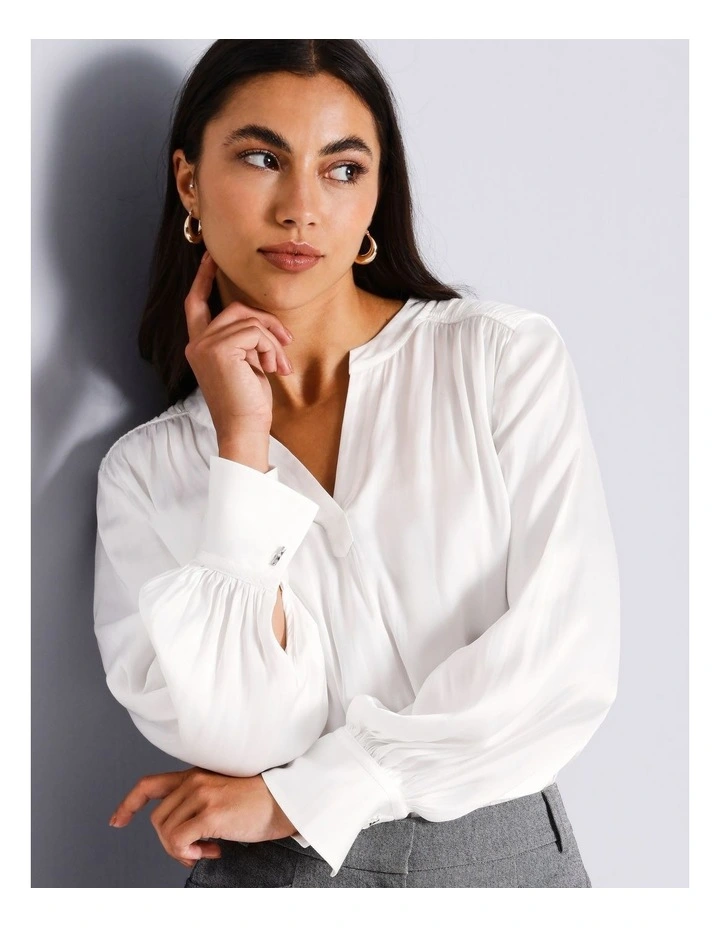 Basque Recycled Polyester V Neck Satin Blouse in Ivory | MYER