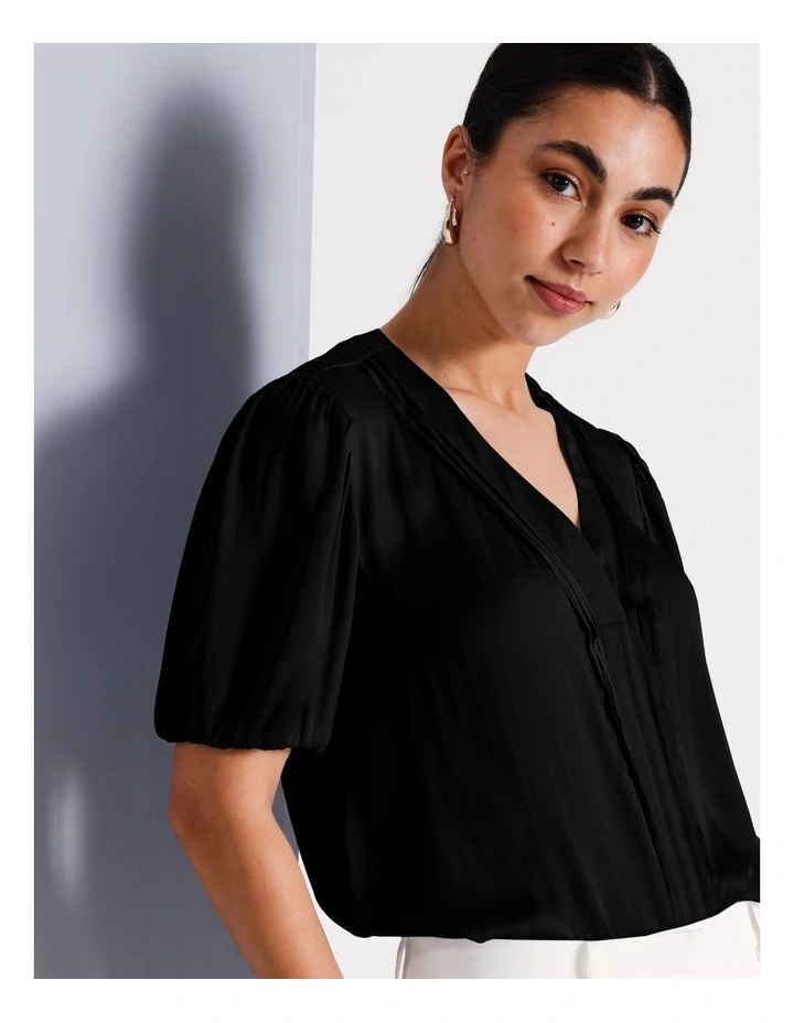 Basque Recycled Polyester Satin Blouse in Black | MYER