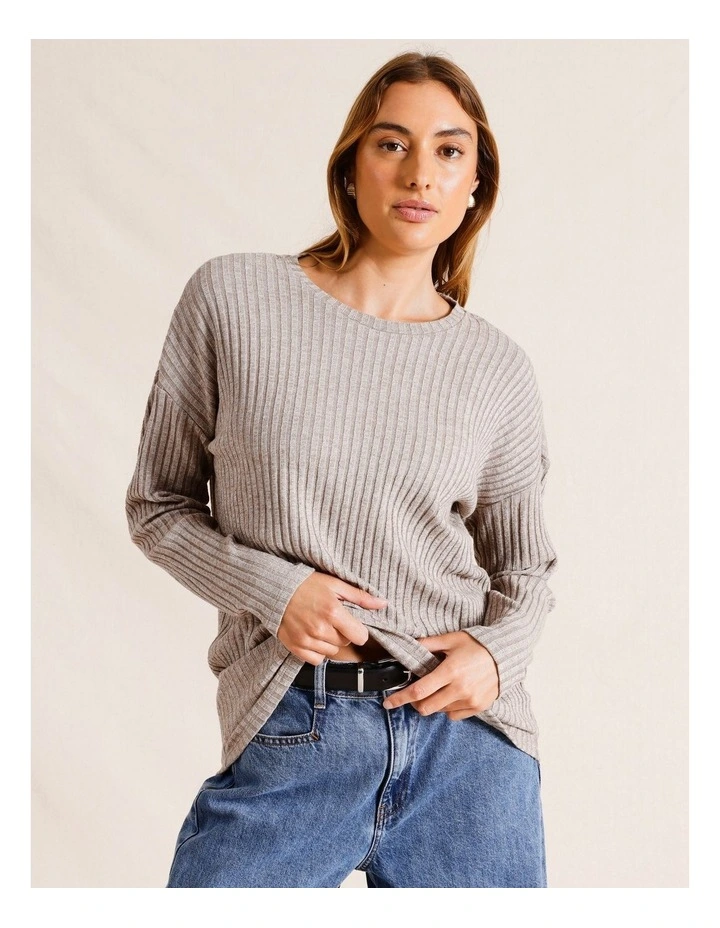 Piper Long Sleeve Drop Shoulder Rib Top In Beige | MYER