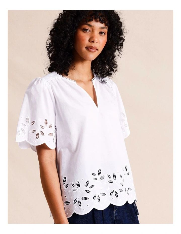 Piper Broderie Flutter Top in White | MYER