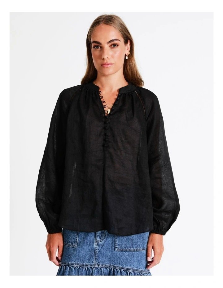 Piper Ramie High Neck Button Blouse in Black | MYER