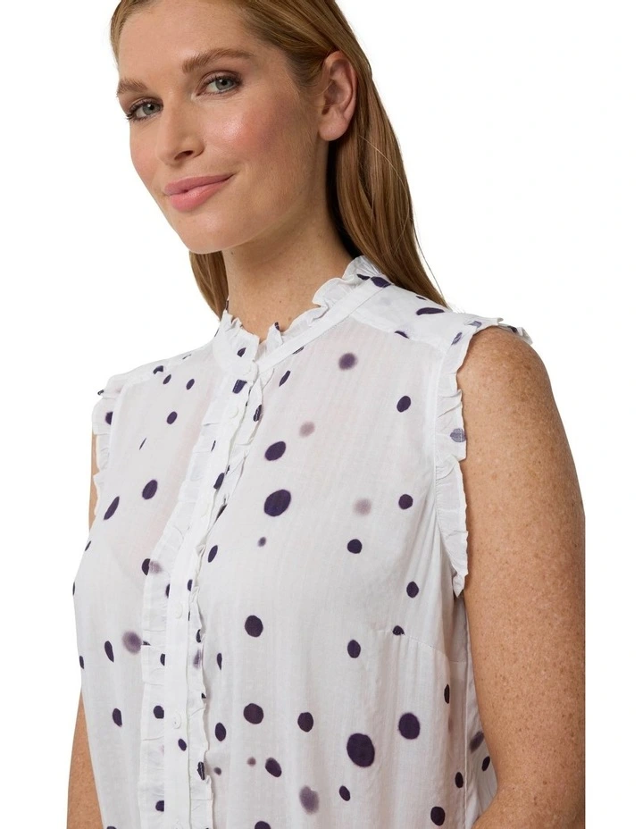 Yarra Trail Sleeveless Ruffle Trim Shirt in Moon Spot Print | MYER