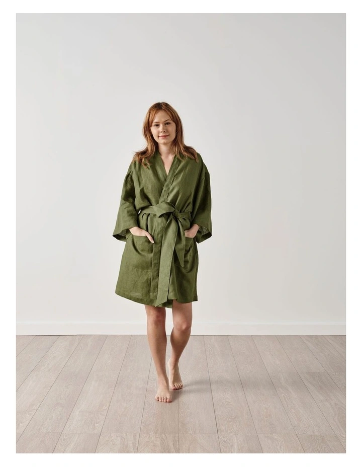 Linen House Nimes Short Robe in Moss | MYER