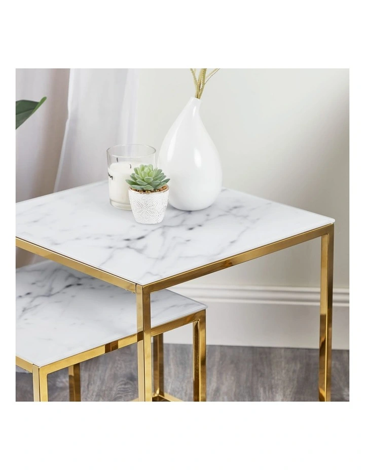 Cooper & Co Ali Square Nest Glass Marble Table 2 Piece in White | MYER