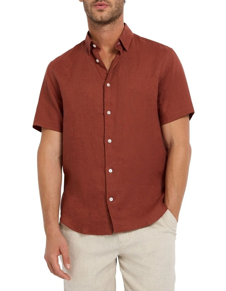 Marcs Felix Short Sleeve Linen Shirt in Terracotta | MYER