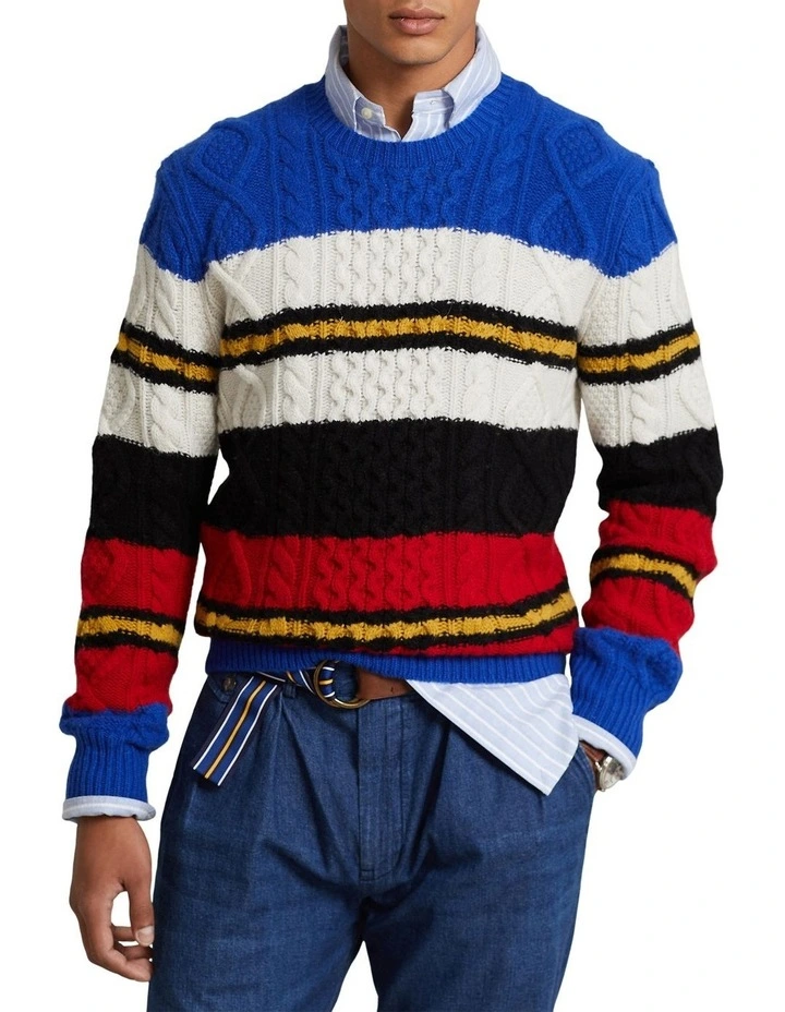 Polo Ralph Lauren Striped Aran Knit Wool Blend Sweater in Multi | MYER