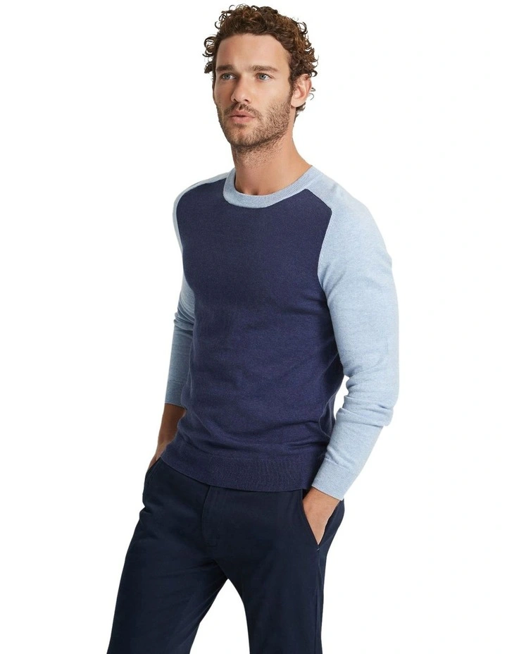 Oxford Finn Crew Neck Cashmere Blend Top in Navy/Blue | MYER