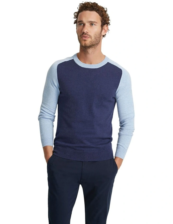Oxford Finn Crew Neck Cashmere Blend Top in Navy/Blue | MYER