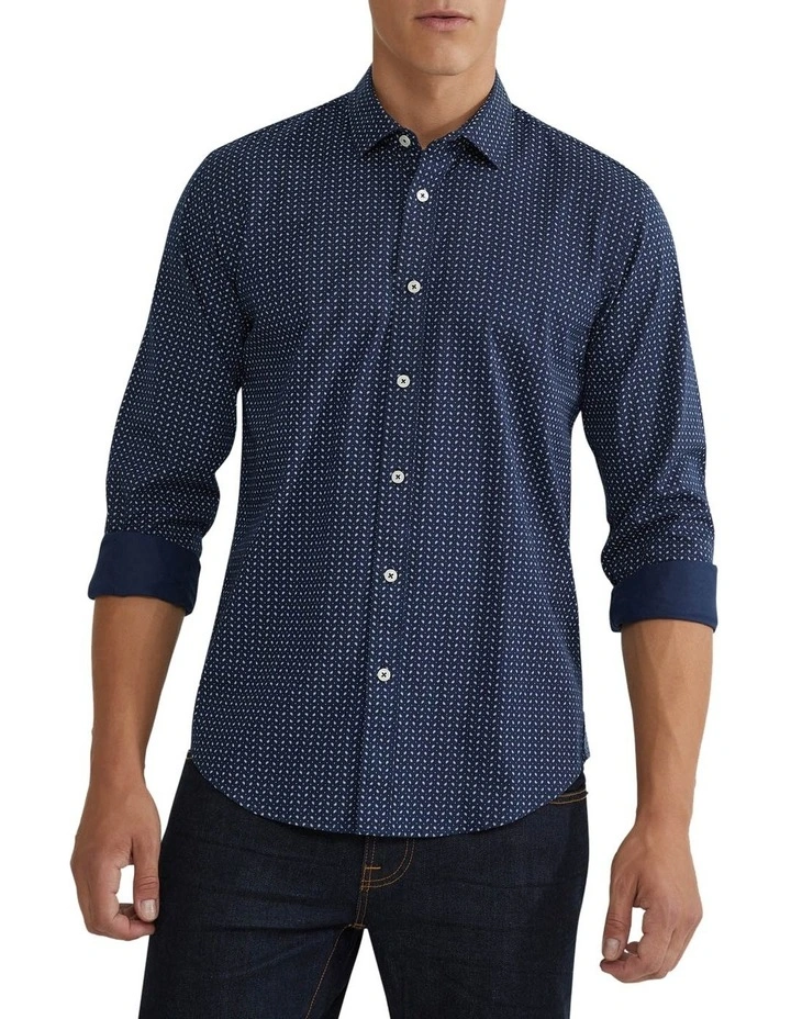 Oxford Kenton Printed Cotton Shirt in Navy | MYER