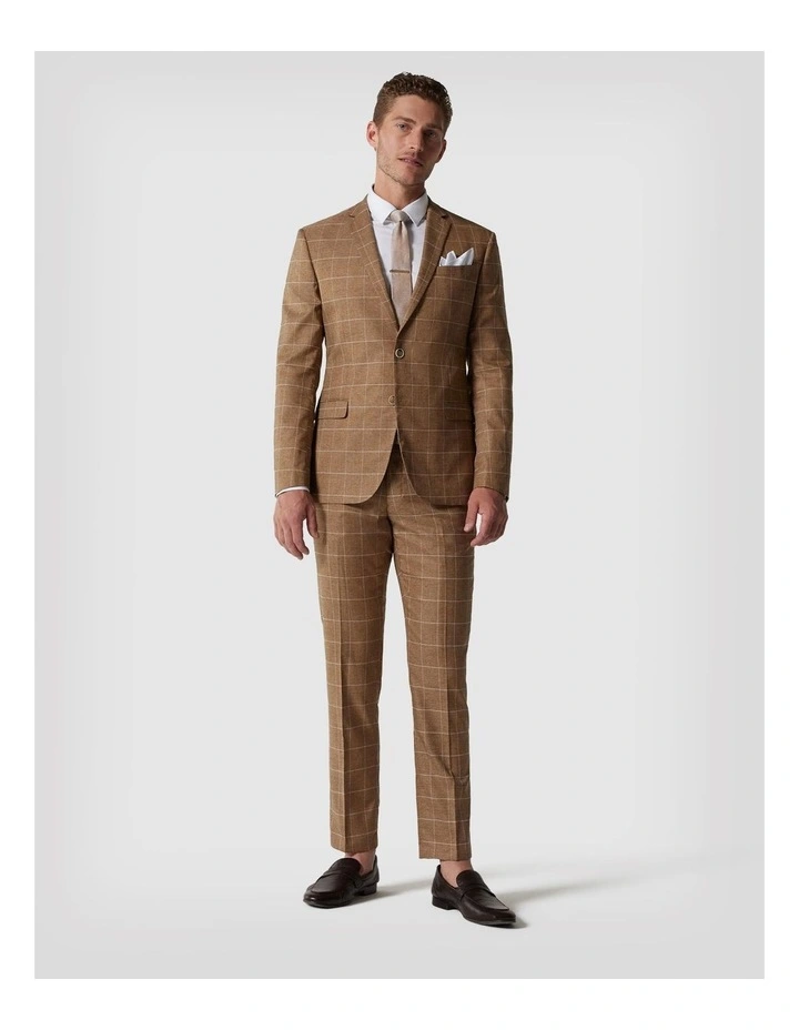 Politix Slim Stretch Windowpane Check Tailored Jacket in Camel Window ...