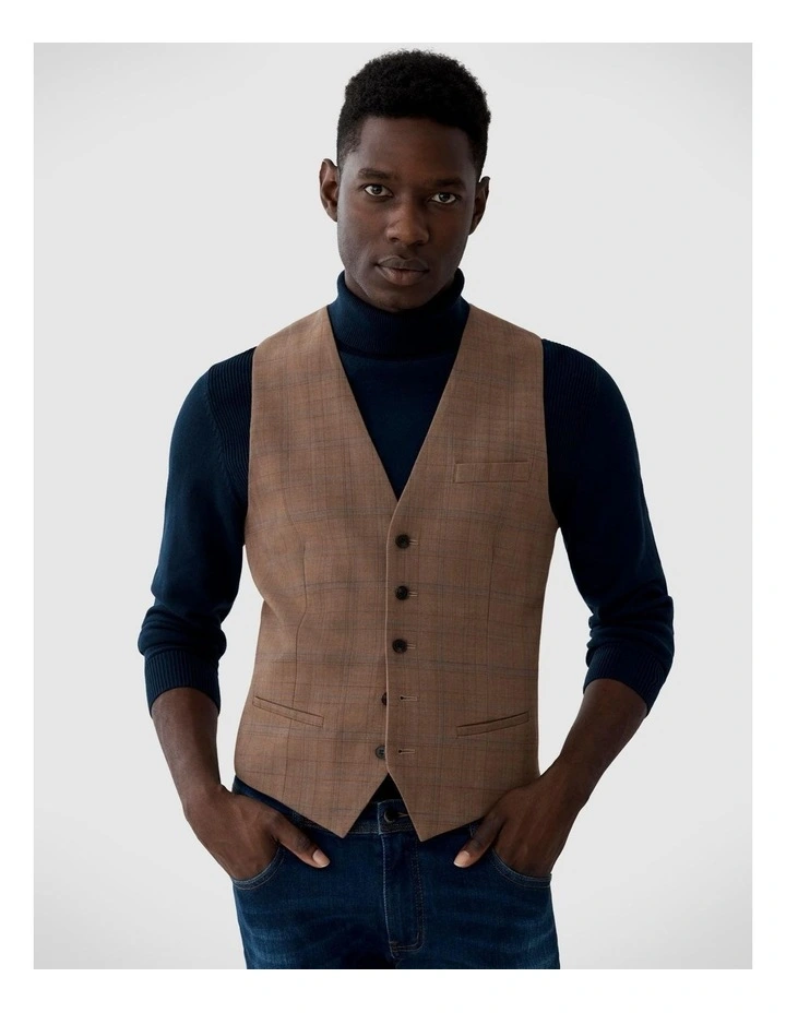 Politix Wool Tailored Vest in Tan Check | MYER