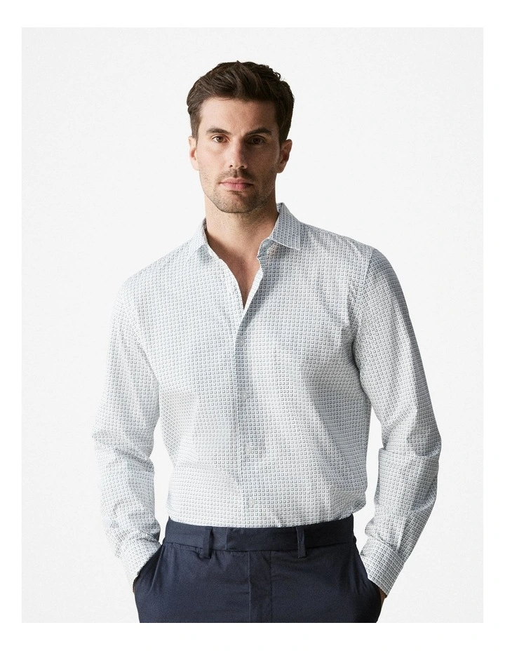 Trenery Tailored Fit Cotton Square Geo Print Shirt in White | MYER