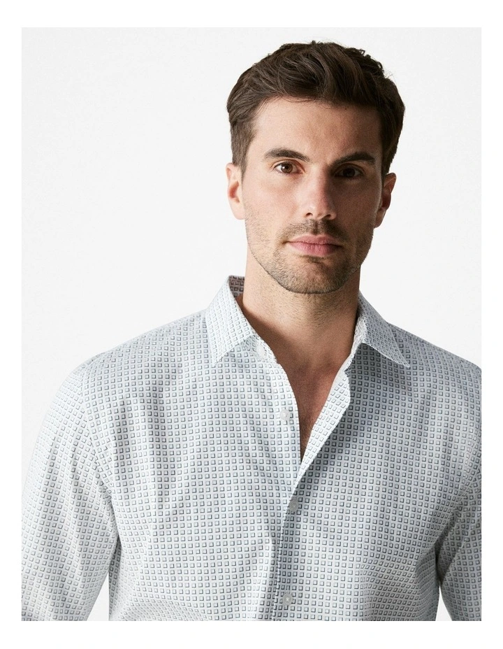 Trenery Tailored Fit Cotton Square Geo Print Shirt in White | MYER