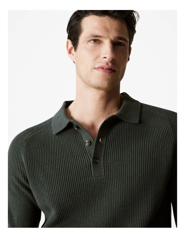 Trenery Cotton Rib Knit Long Sleeve Polo Shirt In Dark Forest Myer