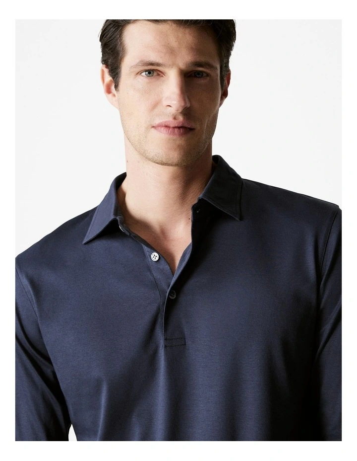 Trenery Cotton Modal Blend Long Sleeve Polo Shirt in Navy | MYER