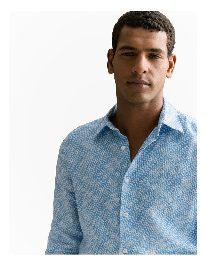 Trenery Tailored Fit Linen Abstract Tile Print Shirt In Royal Blue | MYER