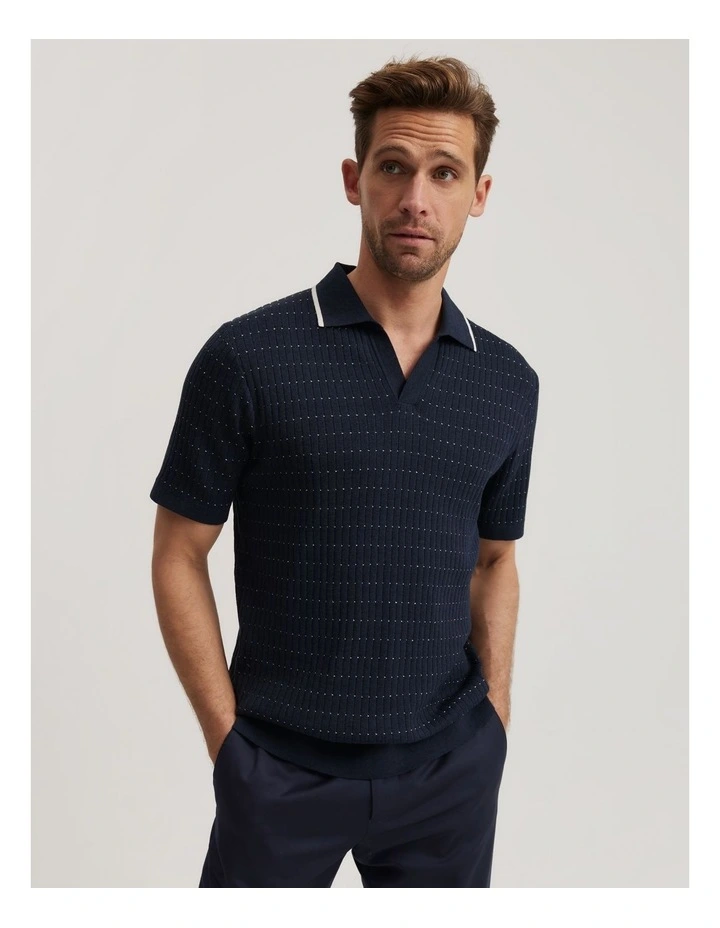 Country Road Cotton Silk Textured Trophy Polo in Navy Melange | MYER