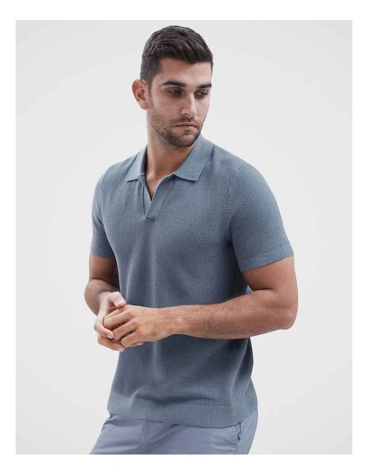 Unison Textured Knit Polo in Dusty Blue | MYER