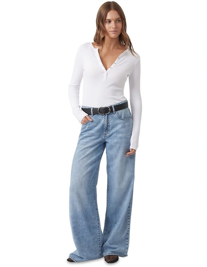 Decjuba Alexis Long Sleeve Rib Henley Top in White | MYER