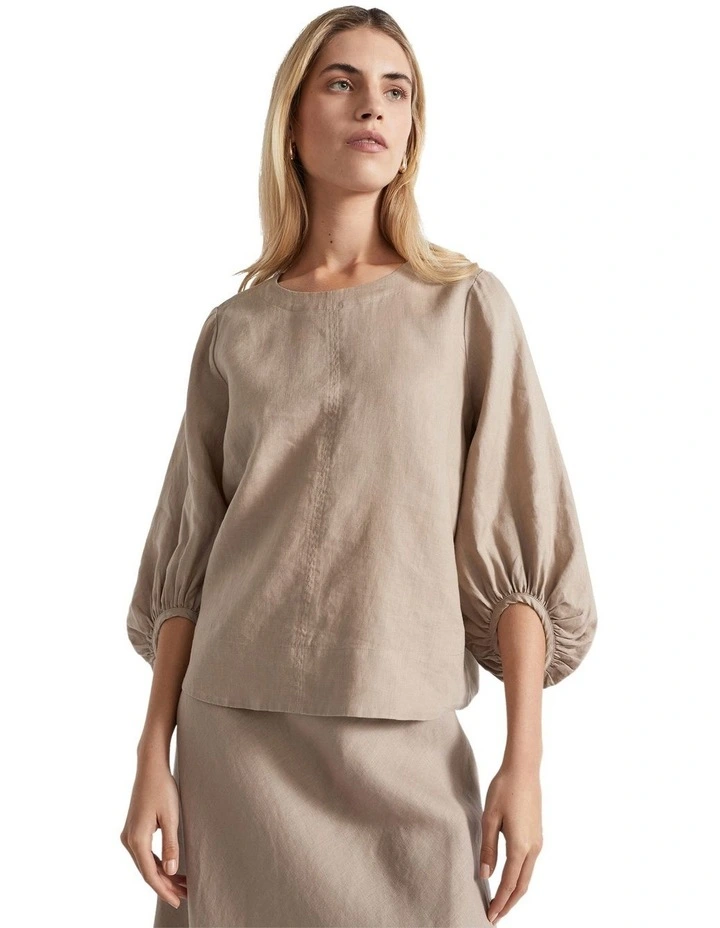 Seed Heritage Core Linen Balloon Sleeve Top in Cookie | MYER