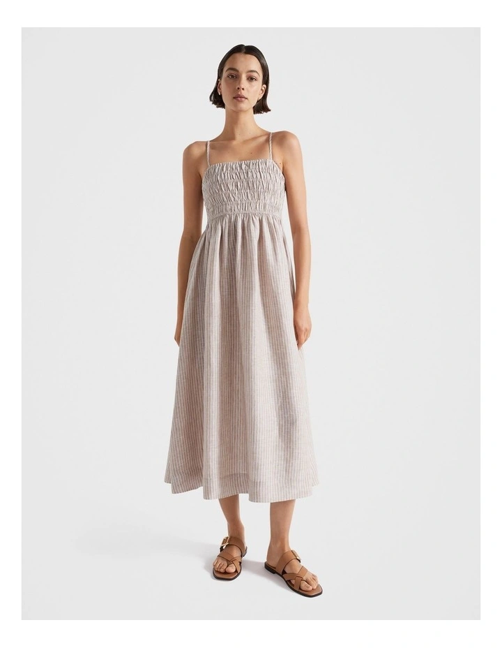 Seed Heritage Linen Shirred Midi Dress in Beige | MYER