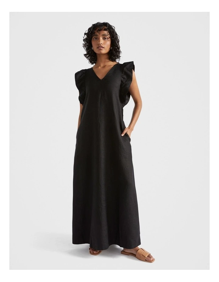 Seed Heritage Linen Frill Sleeve Column Dress in Black | MYER