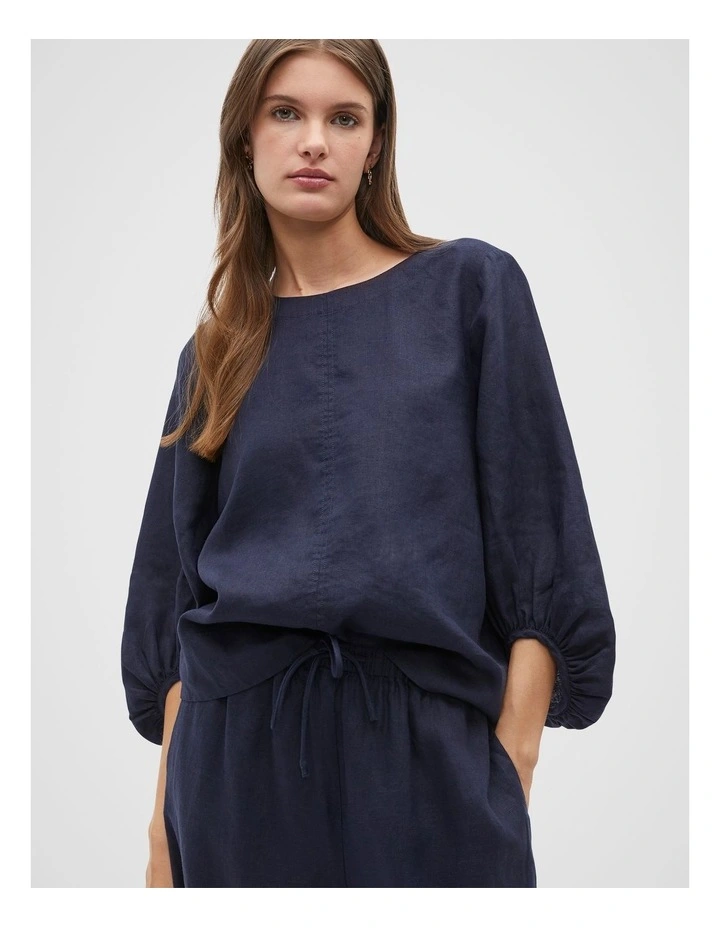 Seed Heritage Core Linen Balloon Sleeve Top in Midnight Sky | MYER