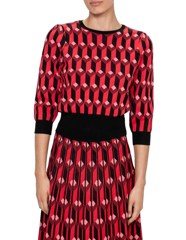 Veronika Maine Poppy Geometric Knit Top in Red | MYER