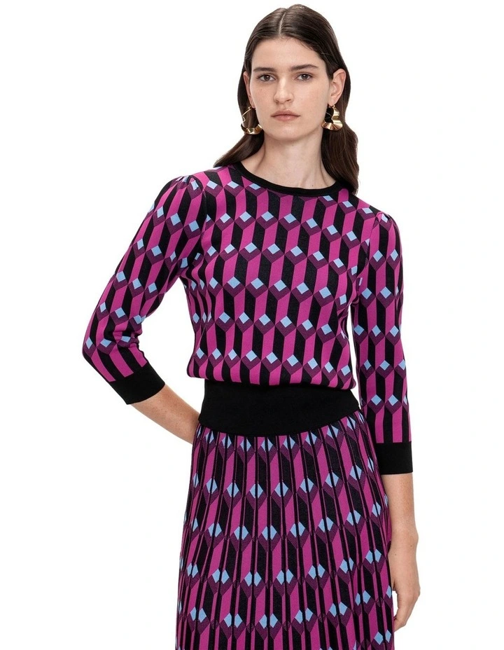Veronika Maine Geometric Knit Top in Fuchsia | MYER