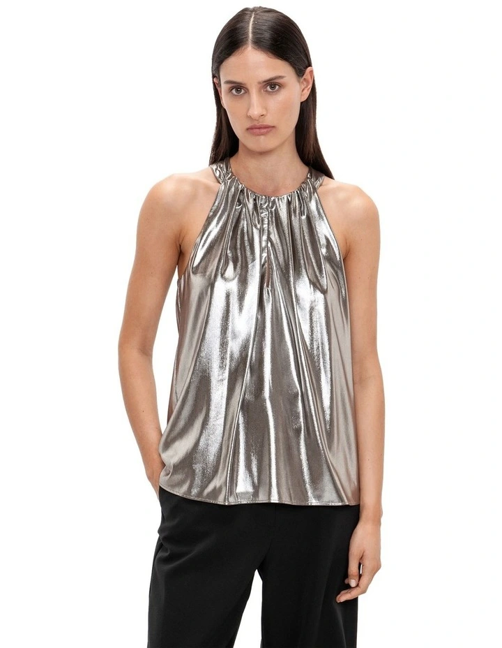 Veronika Maine Foiled Gathered Halter Top in Silver | MYER