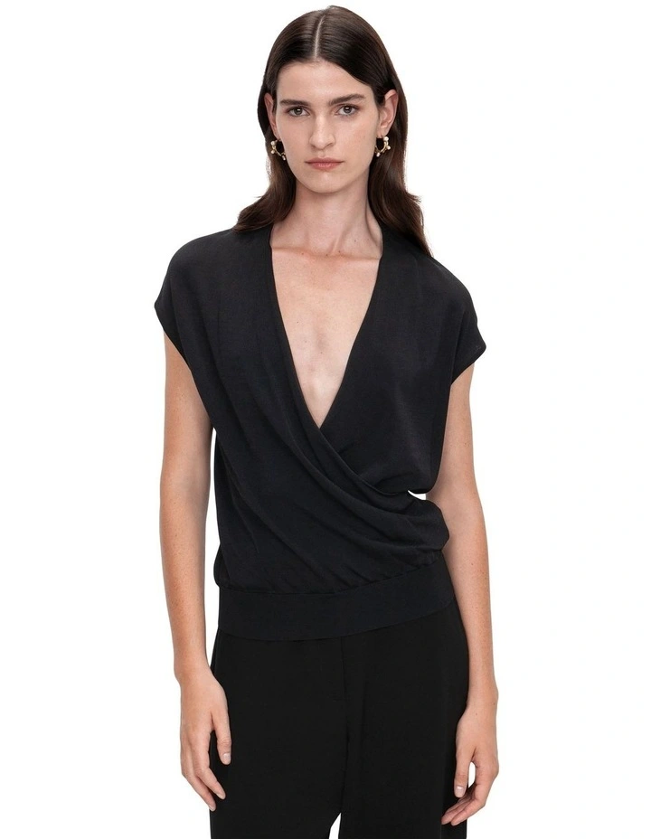 Veronika Maine Draped Wrap Front Knit Top in Black | MYER