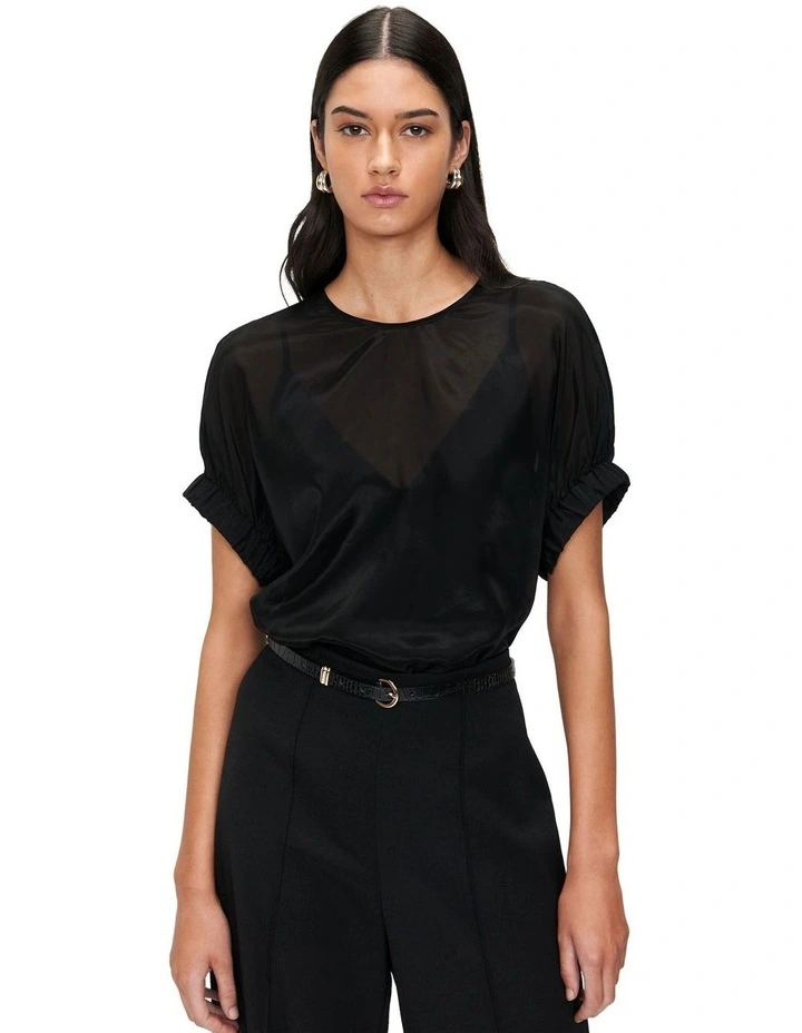 Veronika Maine Marbled Cupro Gathered Cuff Top in Black | MYER