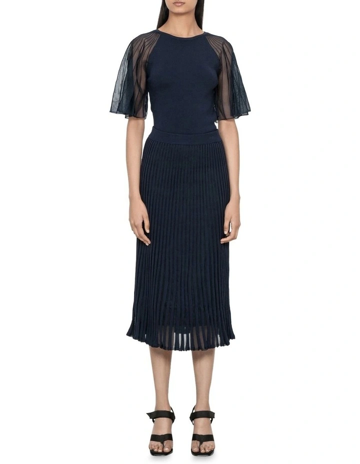 Veronika Maine Sheer Pleated Knit Top in Ink Blue | MYER