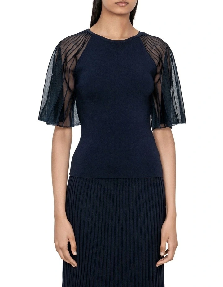 Veronika Maine Sheer Pleated Knit Top in Ink Blue | MYER
